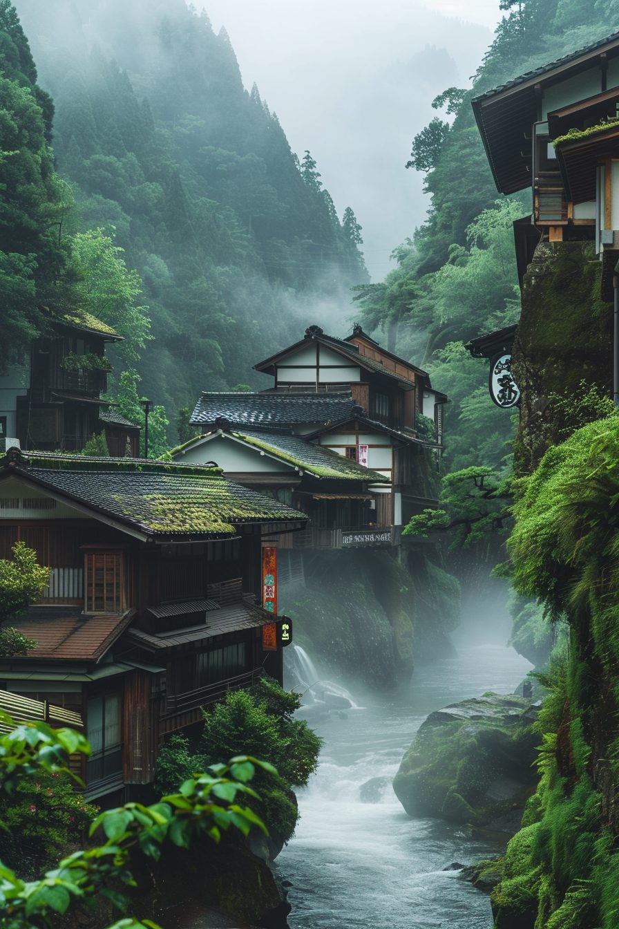 Mountain River Valley Village in Japan