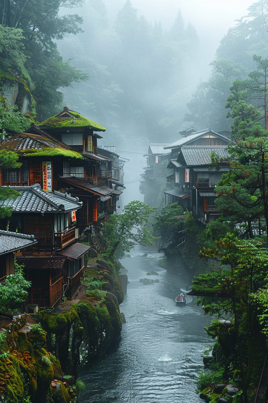 Mountain River Valley Village in Japan
