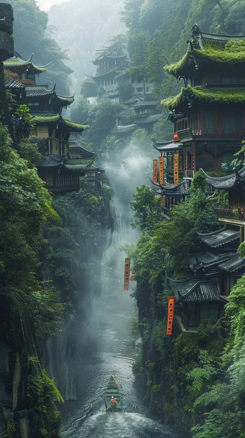 Mountain River Valley Village in Japan