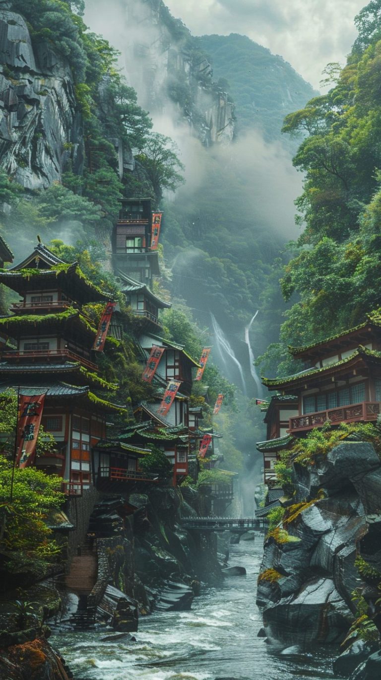 Mountain River Valley Village in Japan
