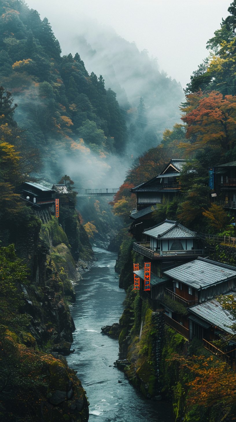 Mountain River Valley Village in Japan