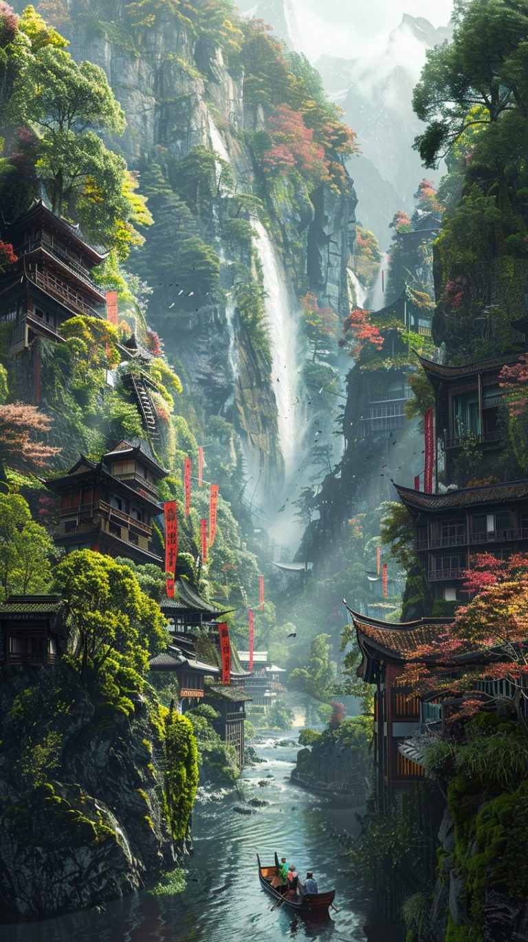 Mountain River Valley Village in Japan