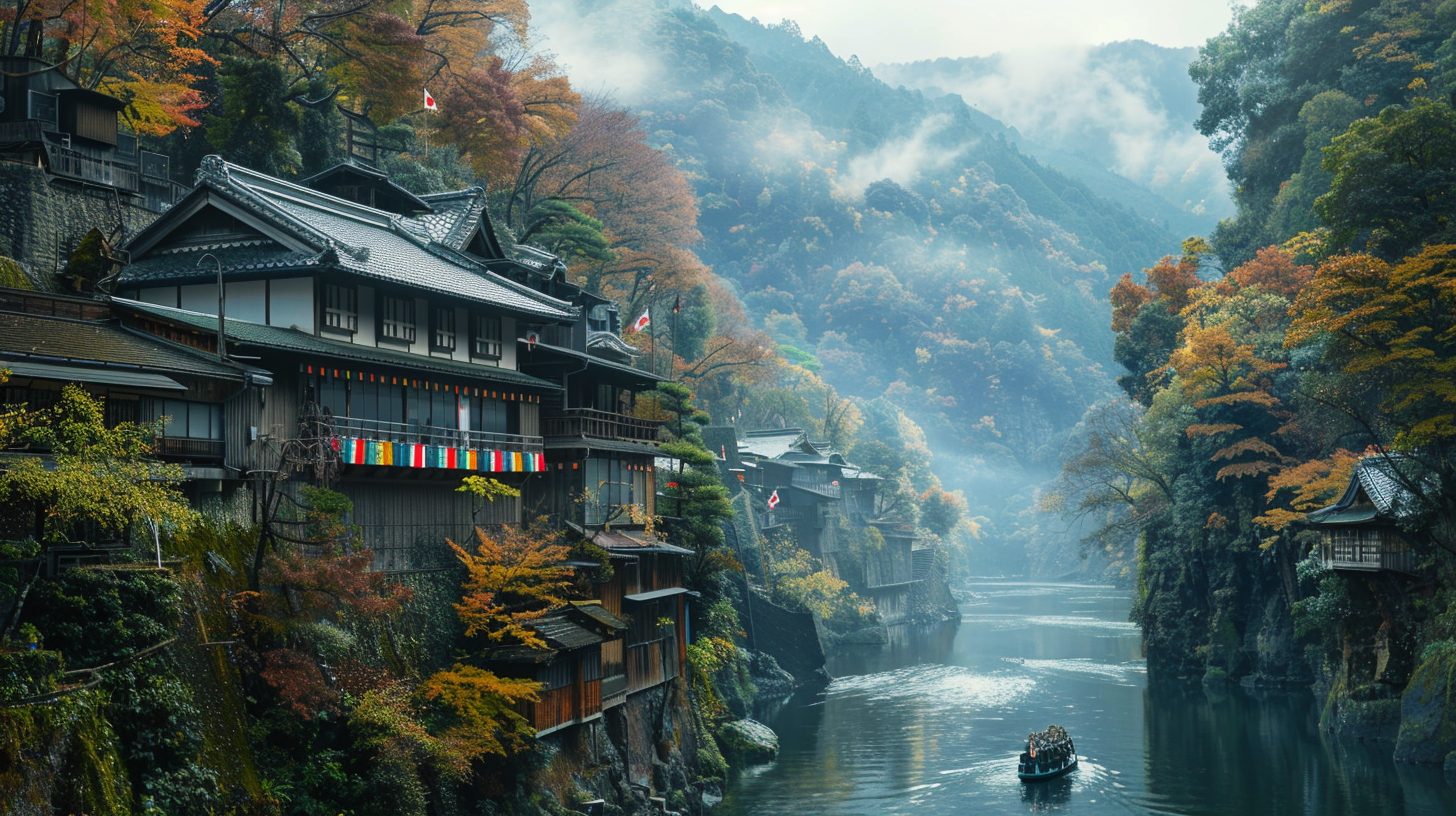 Mountain River Valley Village in Japan