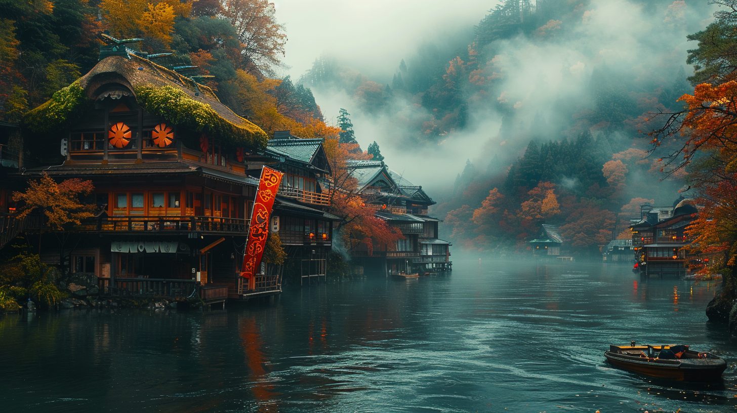 Mountain River Valley Village in Japan