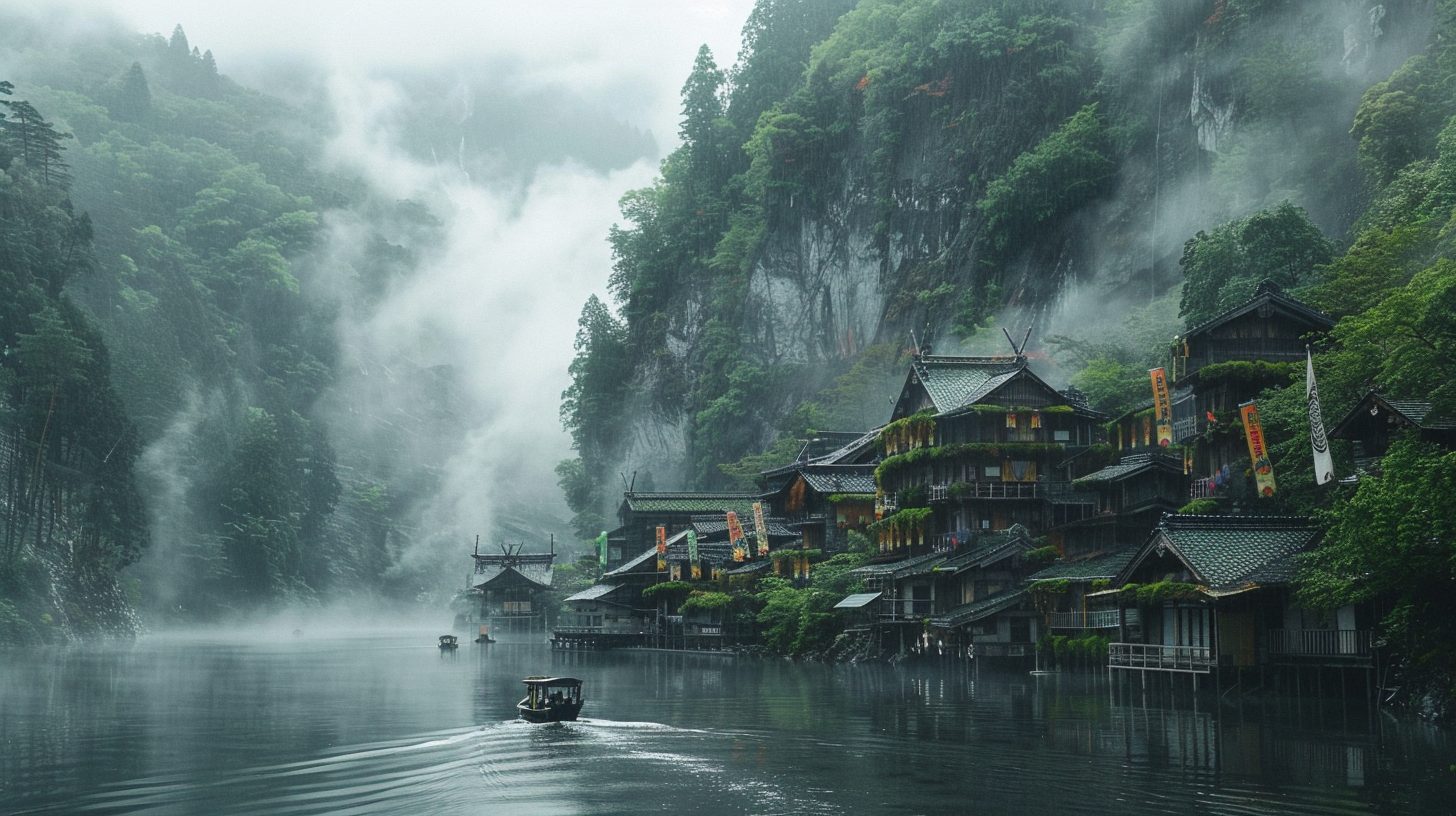 Mountain River Valley Village in Japan