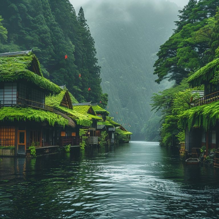 Mountain River Valley Village in Japan