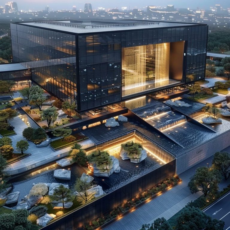 Office Buildings with Amazing Waterfalls