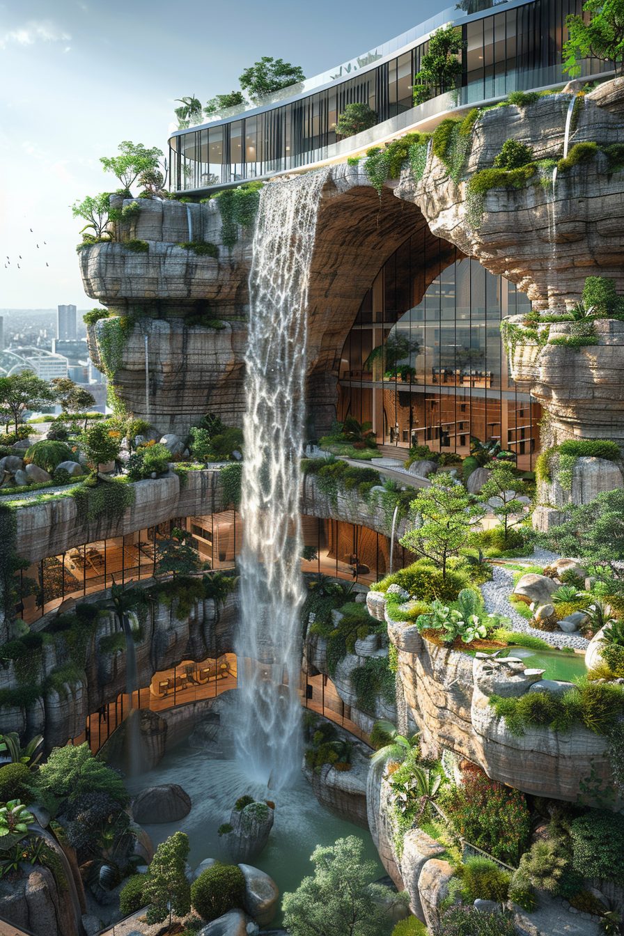 Office Buildings with Amazing Waterfalls