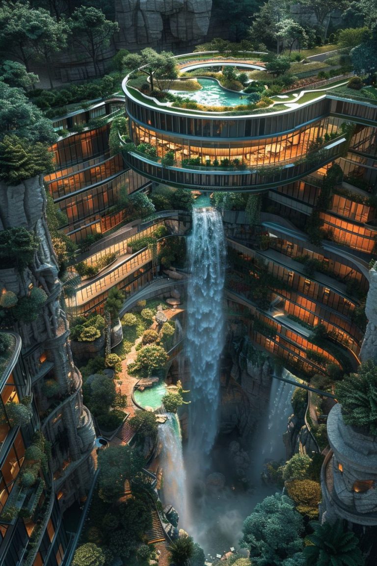 Office Buildings with Amazing Waterfalls
