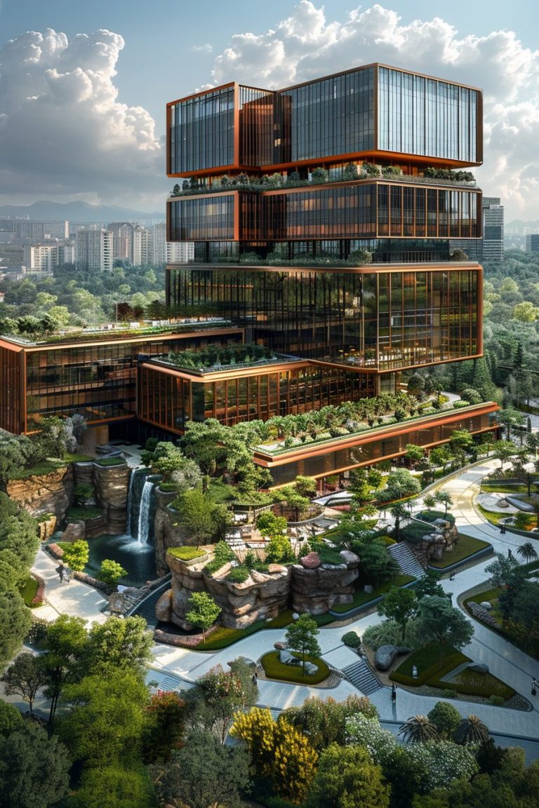 Office Buildings with Amazing Waterfalls