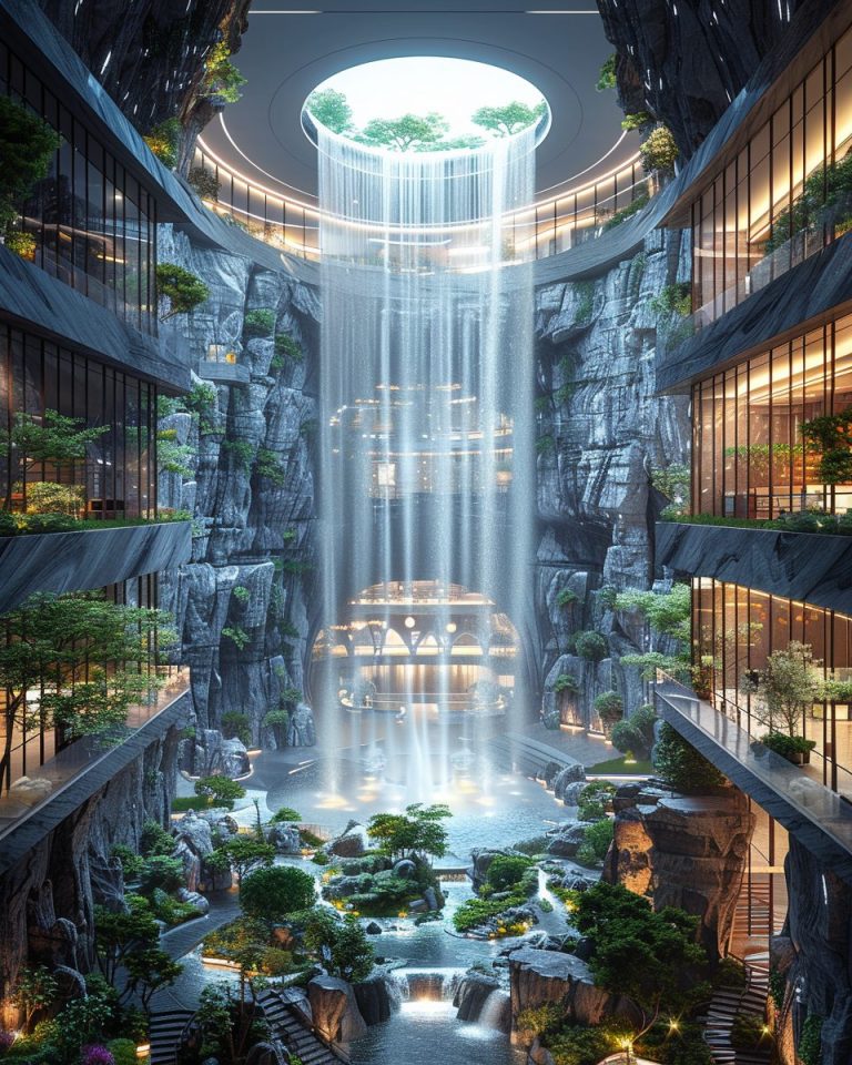 Office Buildings with Amazing Waterfalls