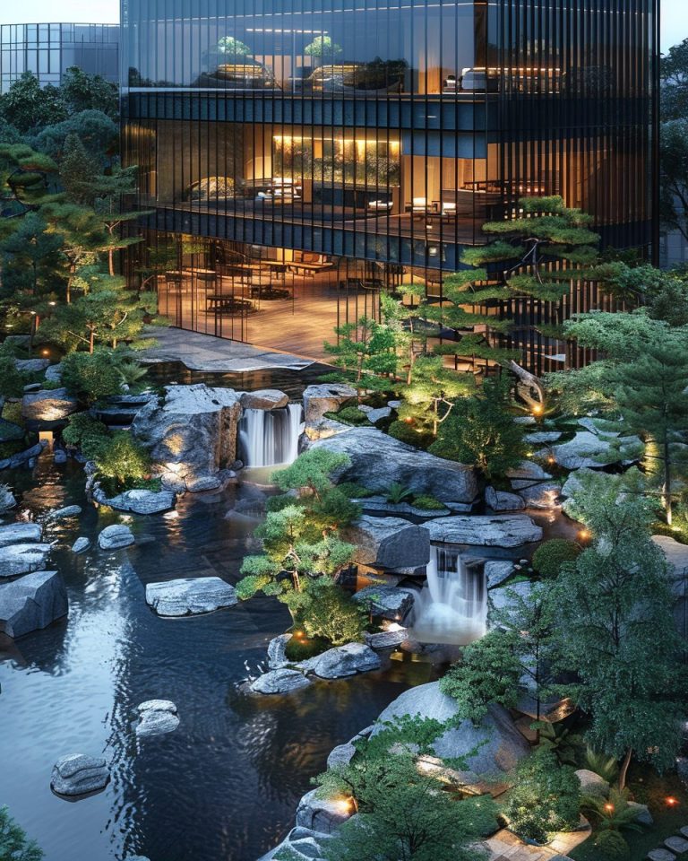 Office Buildings with Amazing Waterfalls