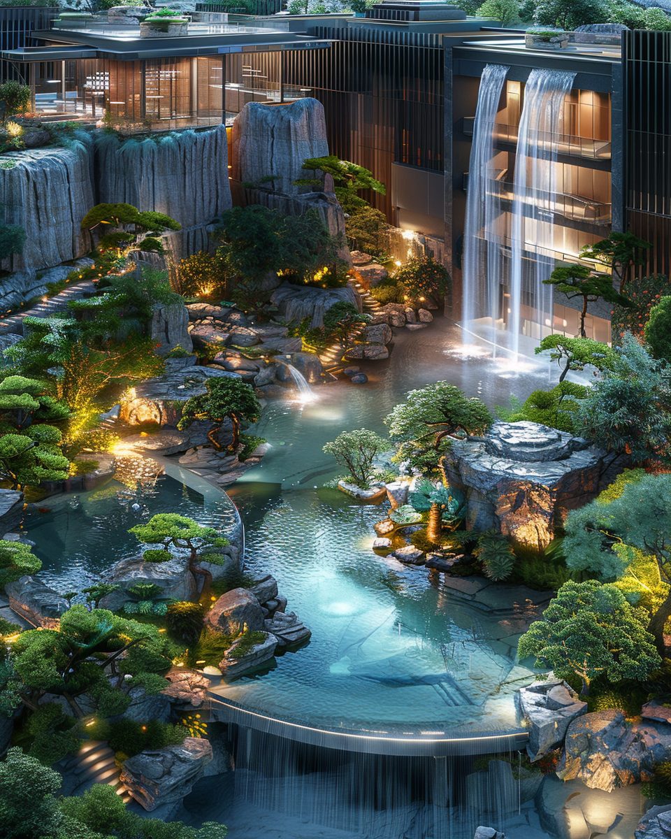Office Buildings with Amazing Waterfalls