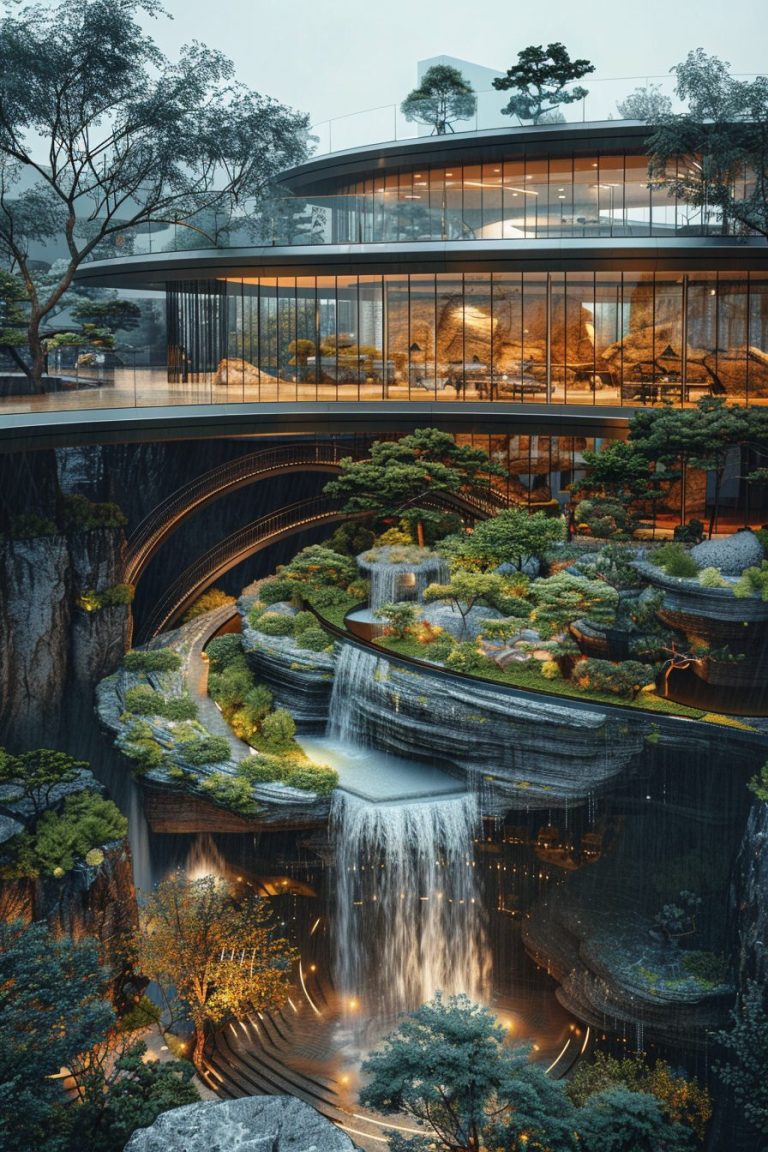 Office Buildings with Amazing Waterfalls