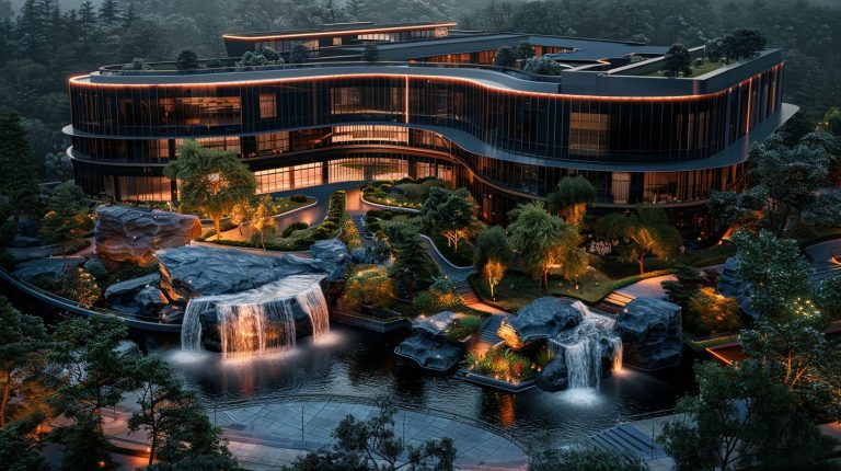 Office Buildings with Amazing Waterfalls