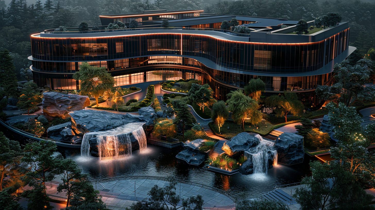 Office Buildings with Amazing Waterfalls