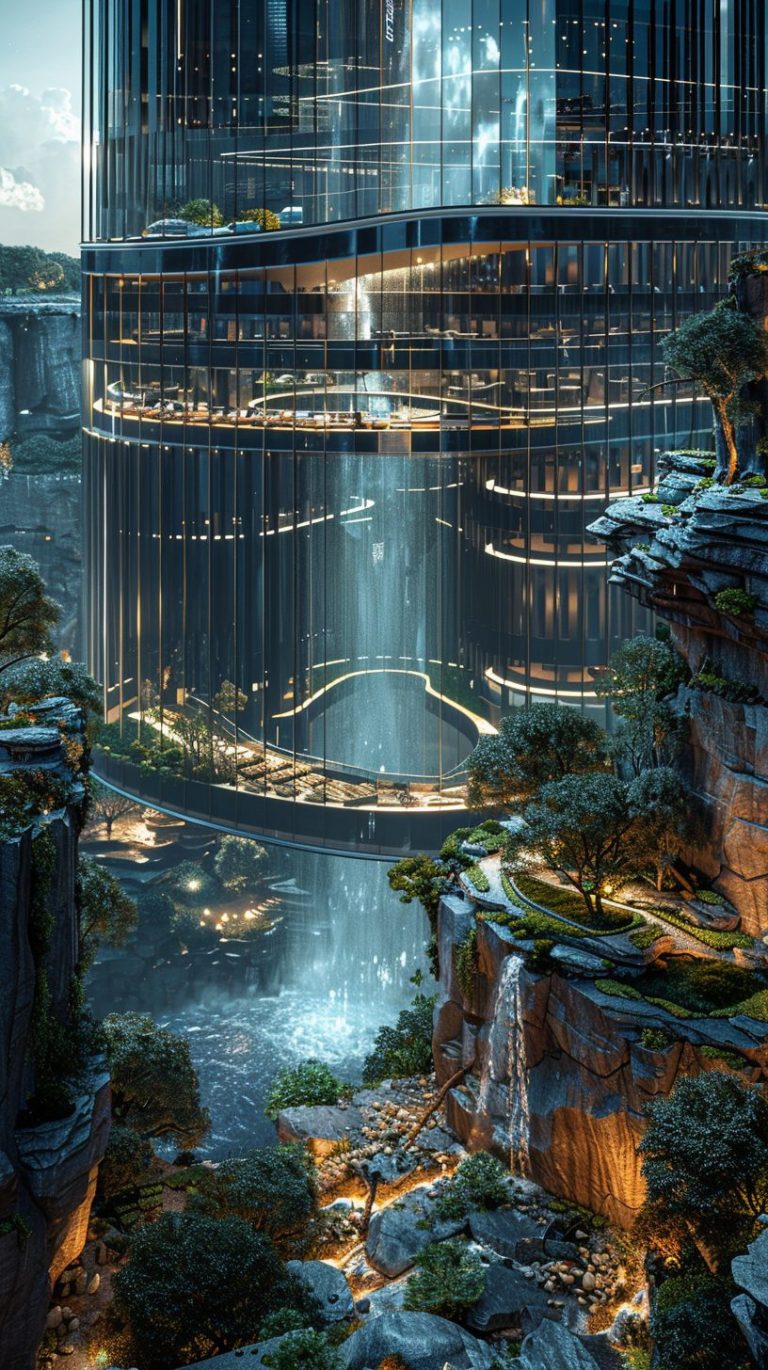 Office Buildings with Amazing Waterfalls