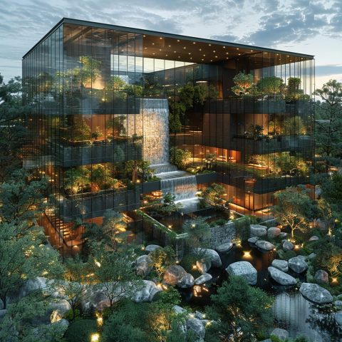 Office Buildings with Amazing Waterfalls