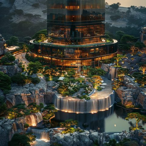 Office Buildings with Amazing Waterfalls