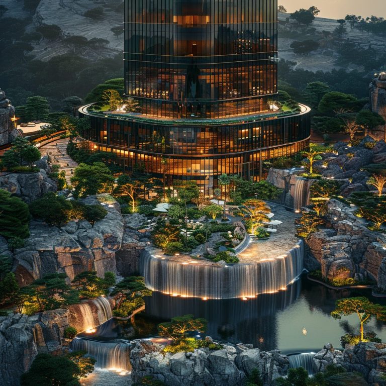 Office Buildings with Amazing Waterfalls