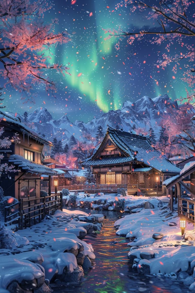 Snow-Covered Japanese Village with an Aurora Borealis Night Sky