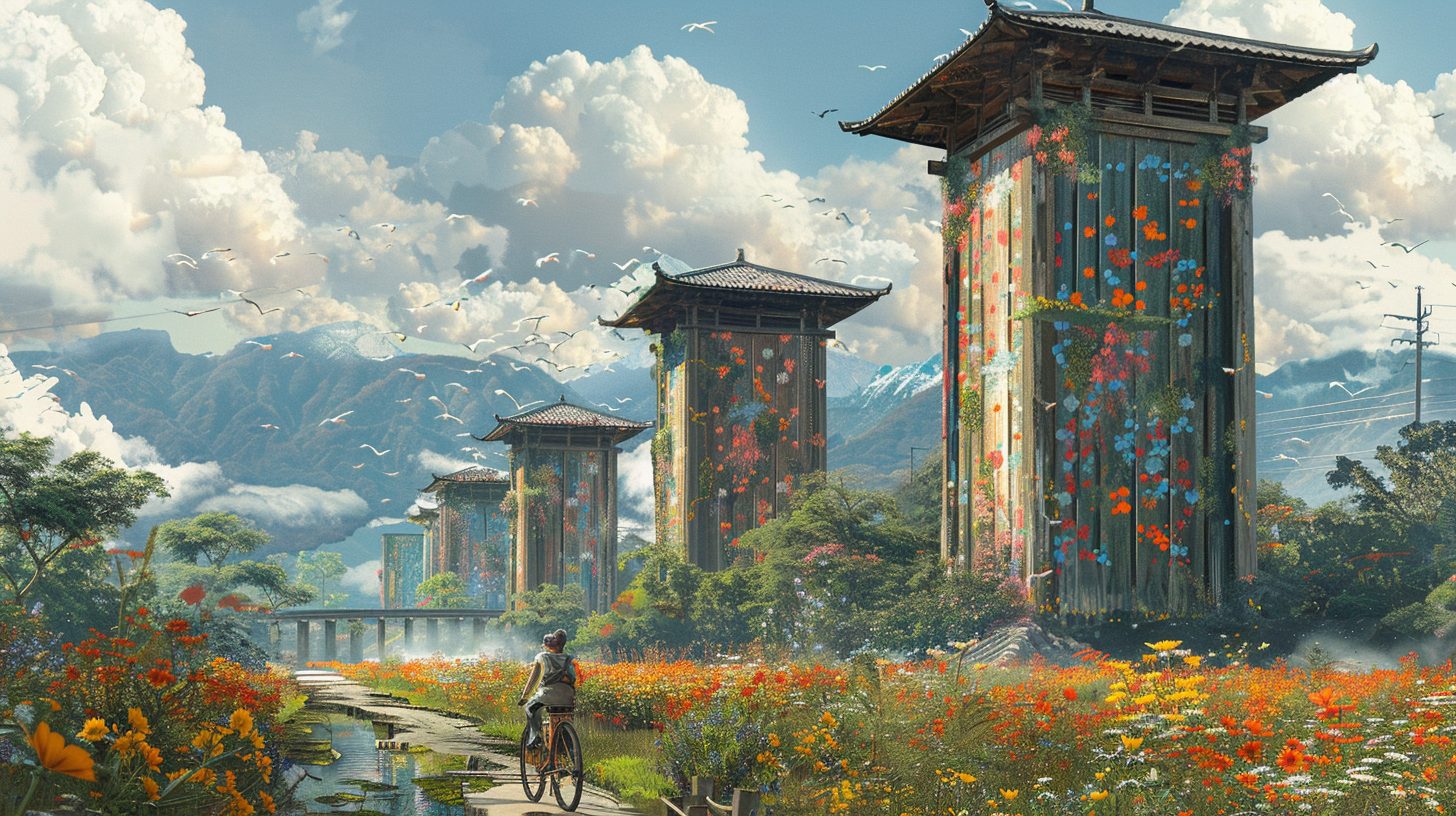 Wooden Towers with Japanese Floral Wall Designs