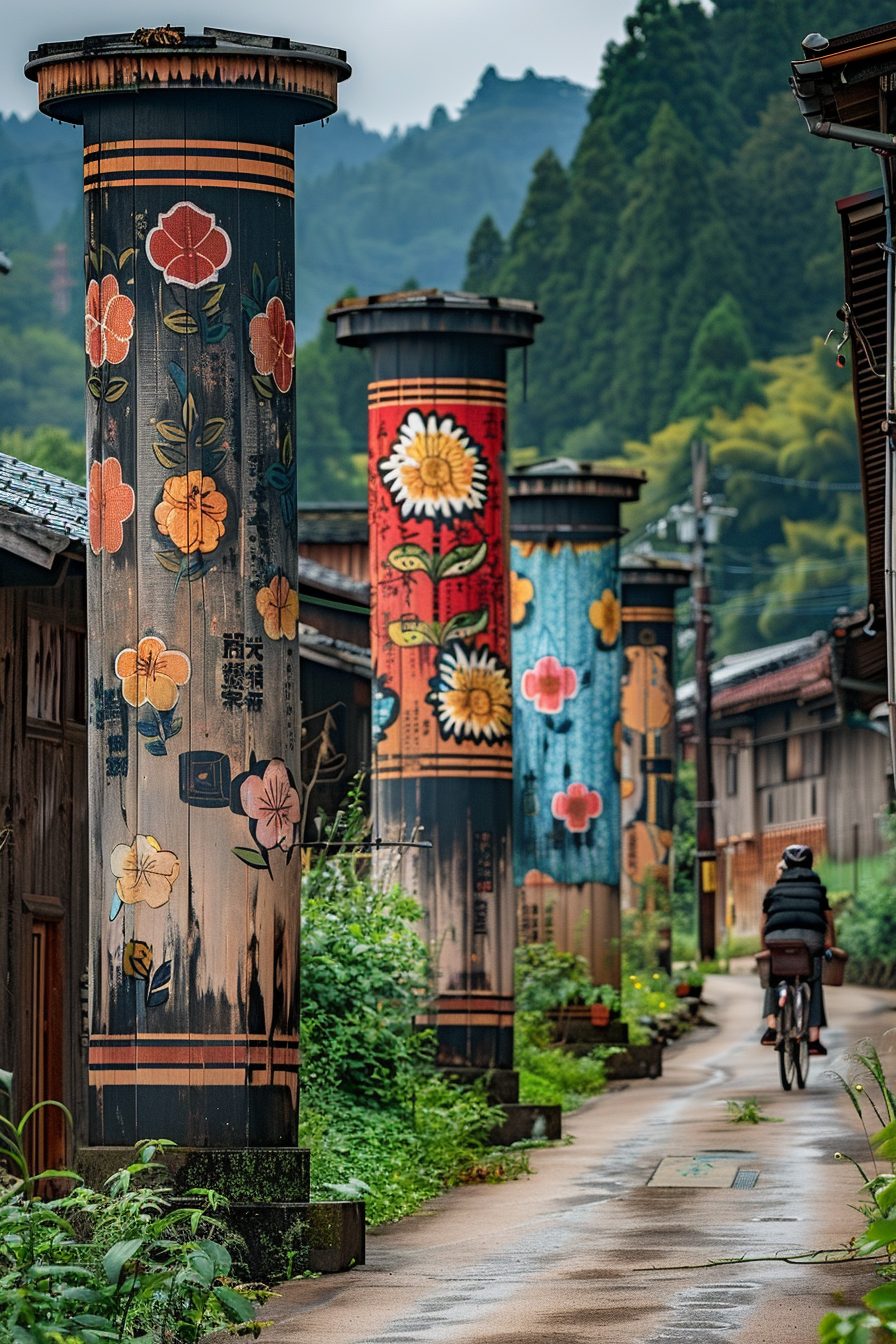 Wooden Towers with Japanese Floral Wall Designs