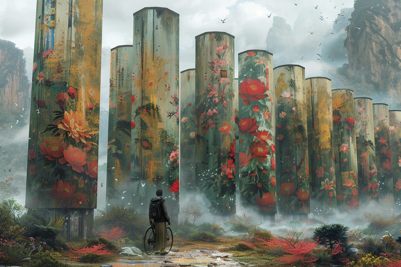 Wooden Towers with Japanese Floral Wall Designs