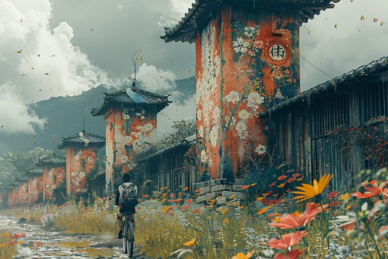 Wooden Towers with Japanese Floral Wall Designs
