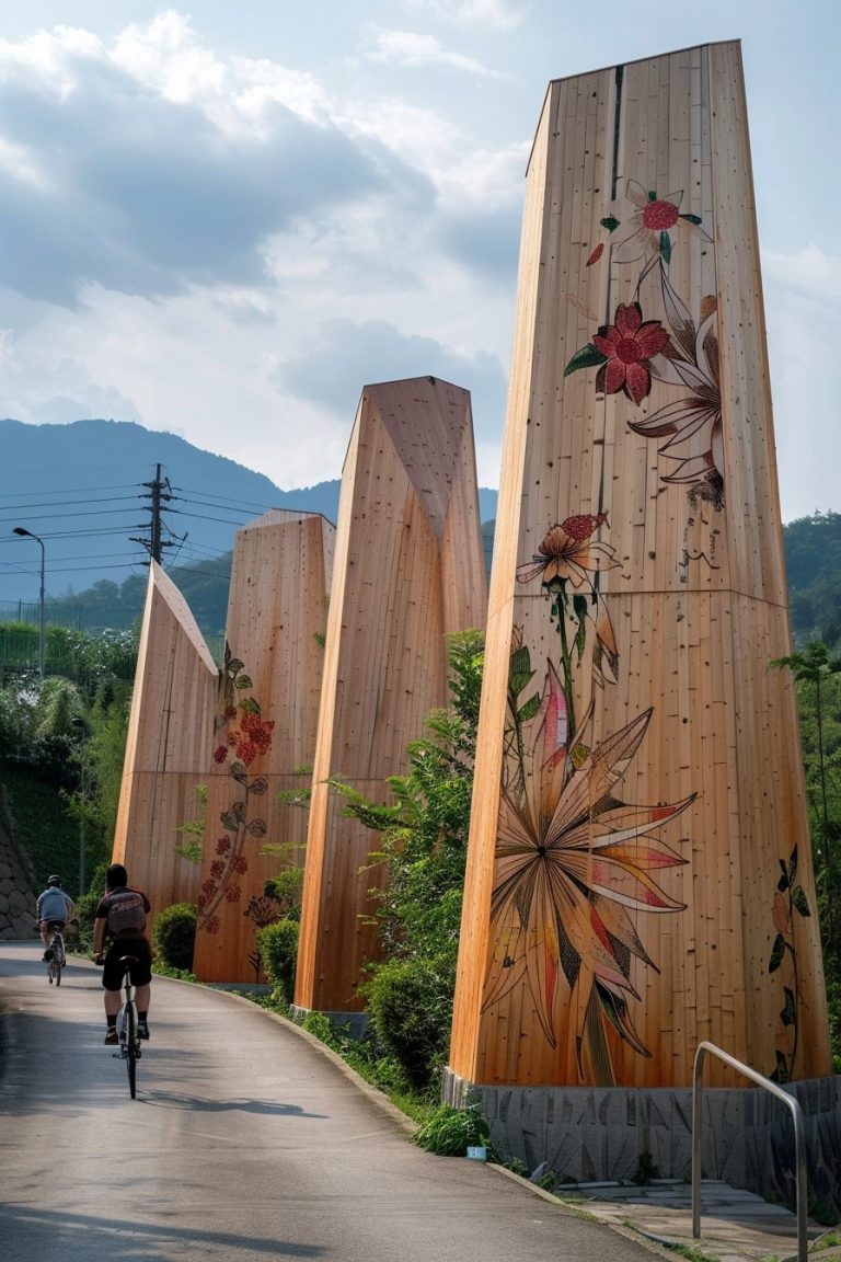 Wooden Towers with Japanese Floral Wall Designs
