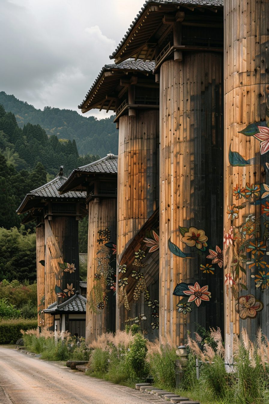 Wooden Towers with Japanese Floral Wall Designs