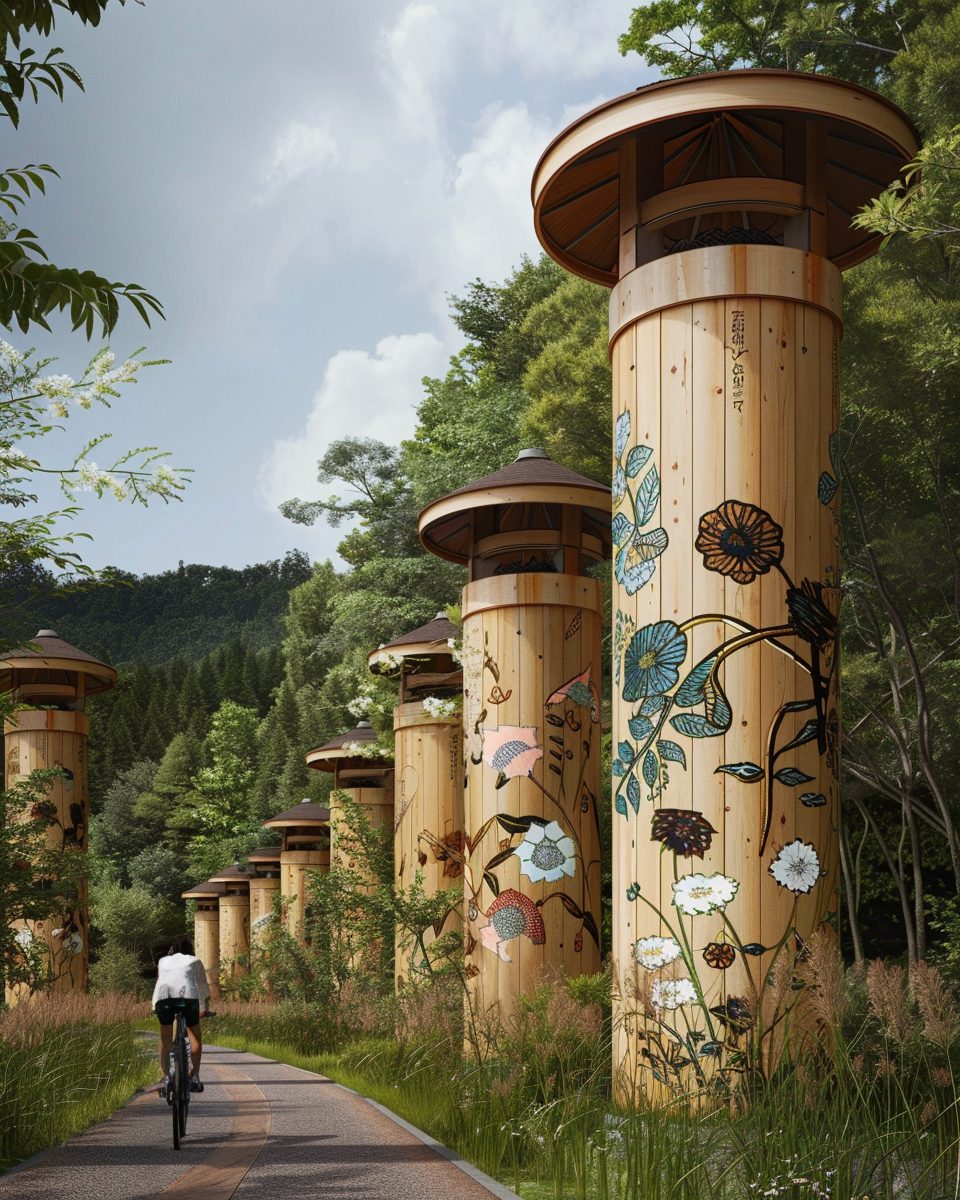 Wooden Towers with Japanese Floral Wall Designs