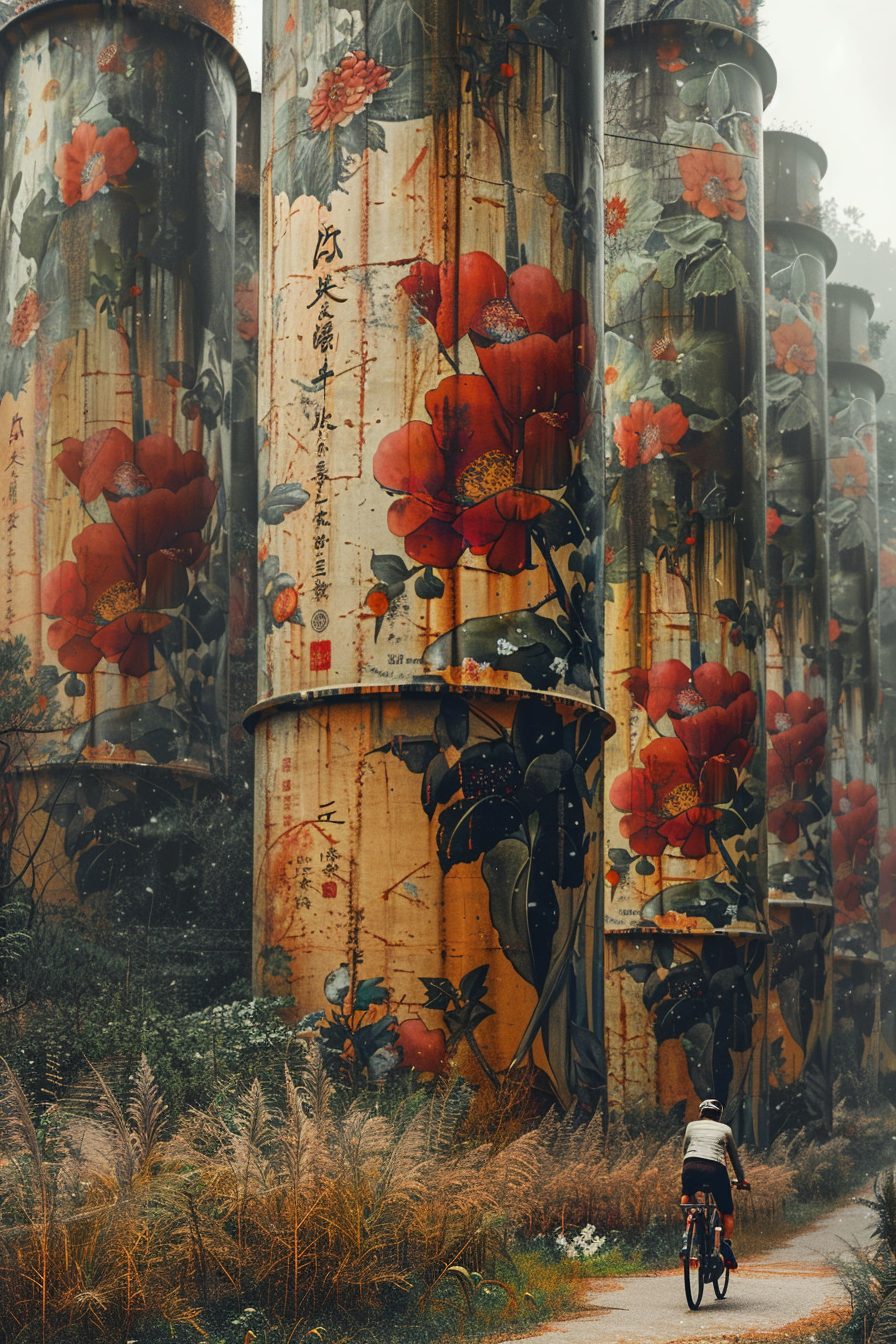Wooden Towers with Japanese Floral Wall Designs
