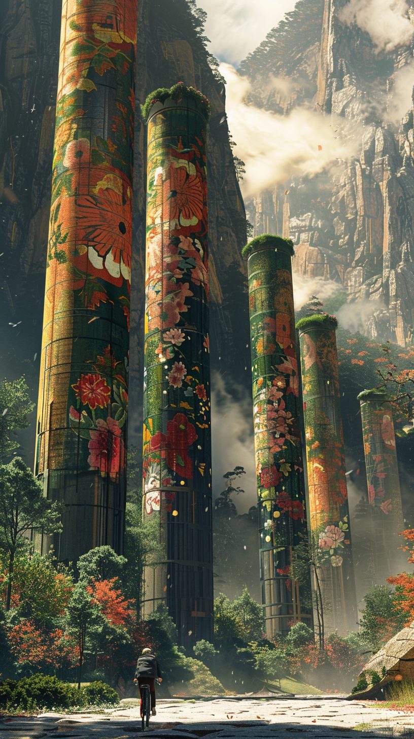 Wooden Towers with Japanese Floral Wall Designs