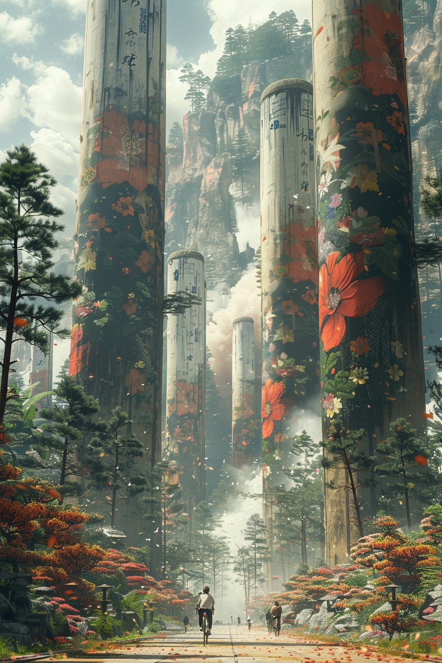 Wooden Towers with Japanese Floral Wall Designs