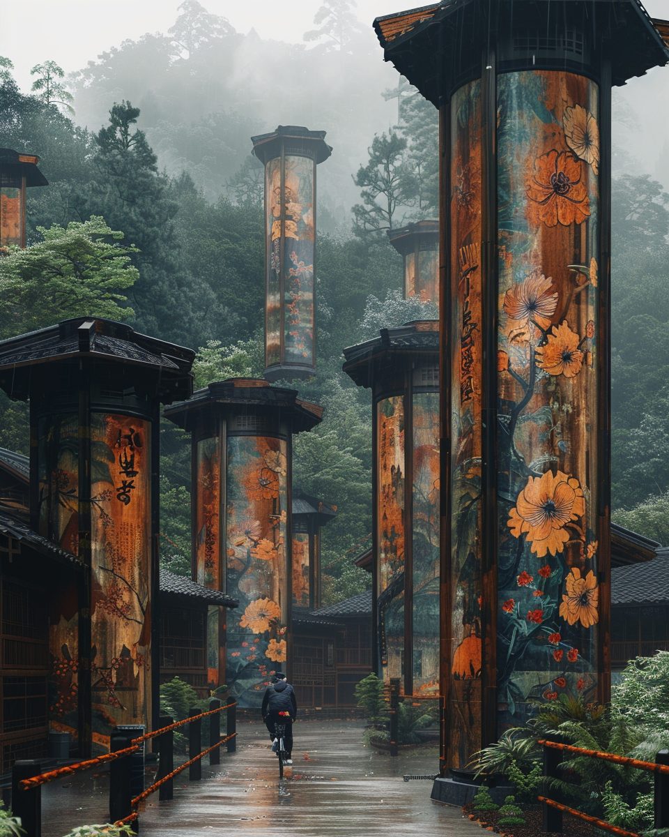 Wooden Towers with Japanese Floral Wall Designs