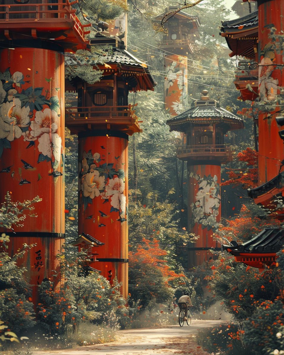 Wooden Towers with Japanese Floral Wall Designs