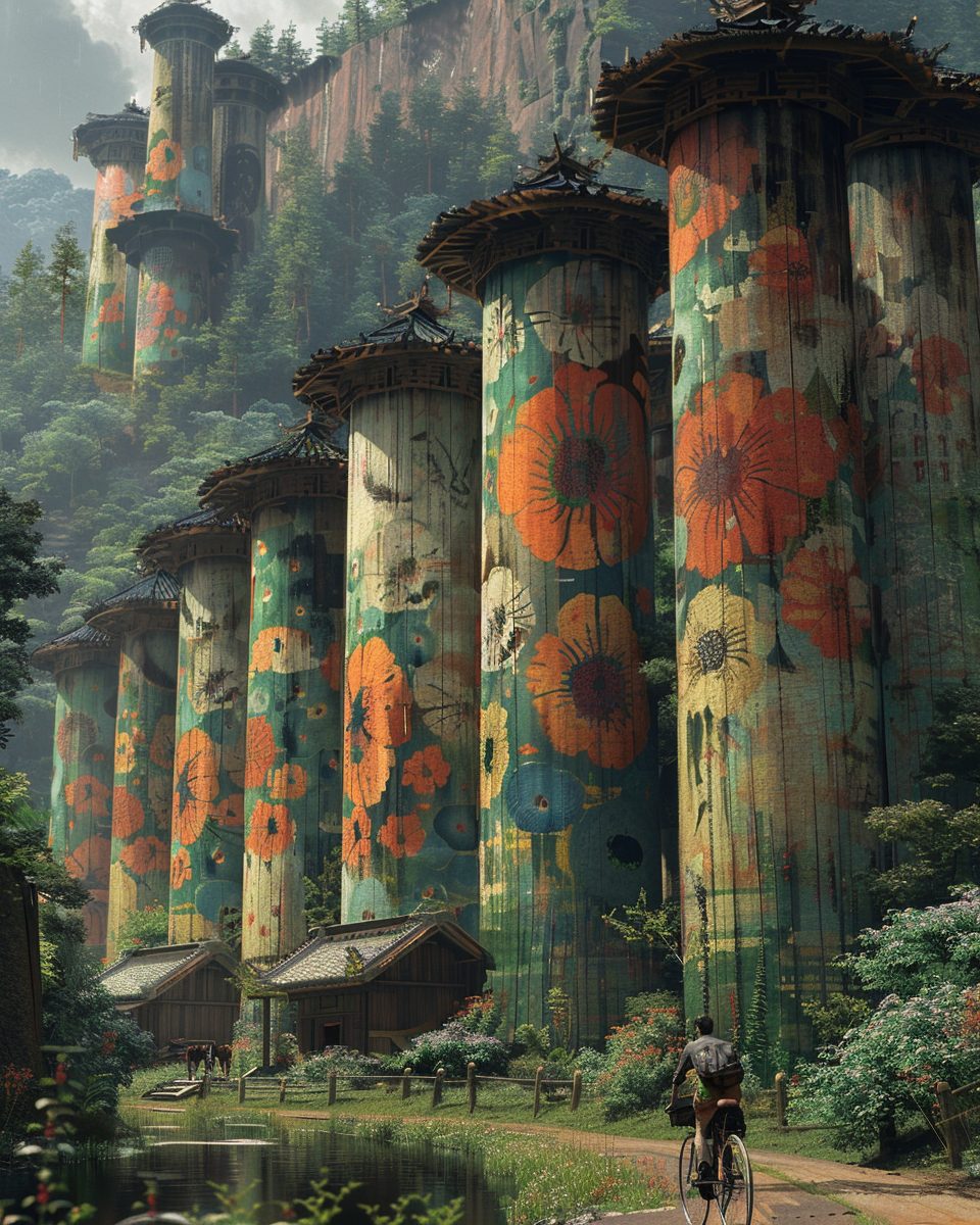 Wooden Towers with Japanese Floral Wall Designs