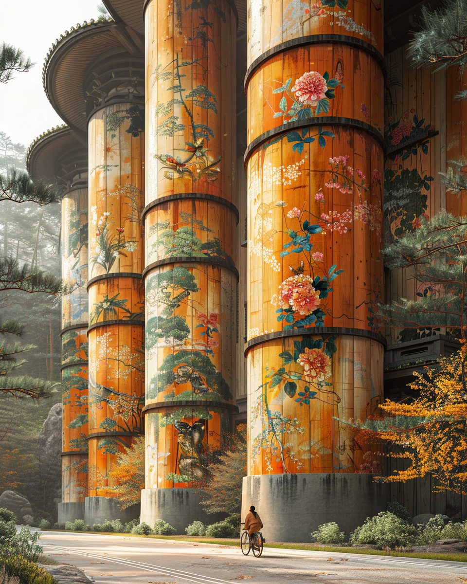 Wooden Towers with Japanese Floral Wall Designs