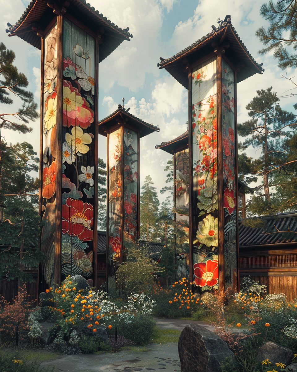 Wooden Towers with Japanese Floral Wall Designs