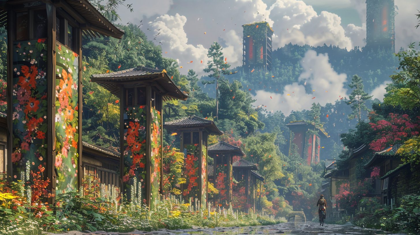 Wooden Towers with Japanese Floral Wall Designs