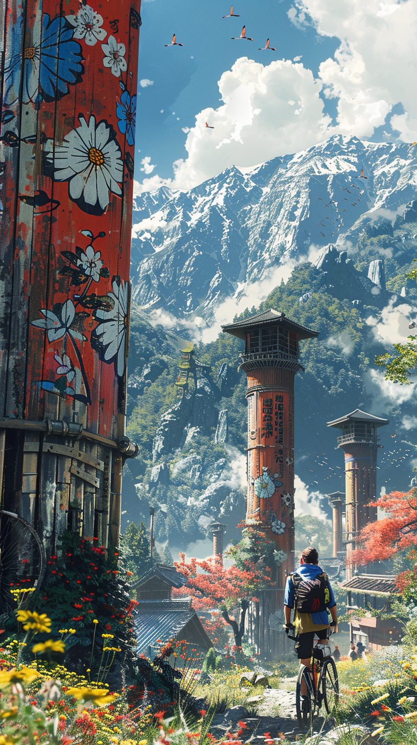 Wooden Towers with Japanese Floral Wall Designs