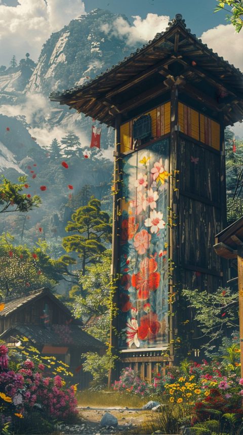 Wooden Towers with Japanese Floral Wall Designs