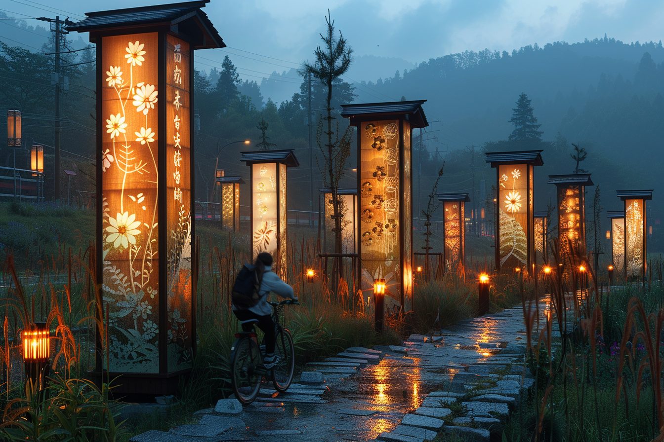 Wooden Towers with Japanese Floral Wall Designs