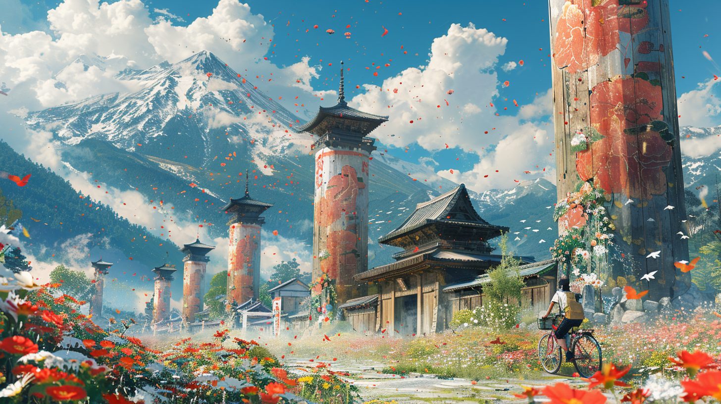 Wooden Towers with Japanese Floral Wall Designs
