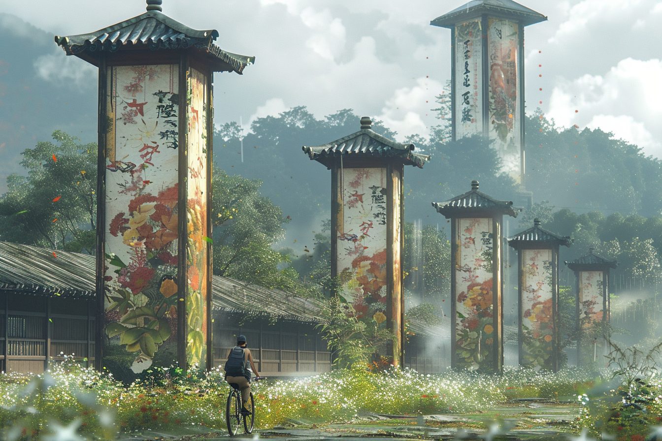 Wooden Towers with Japanese Floral Wall Designs
