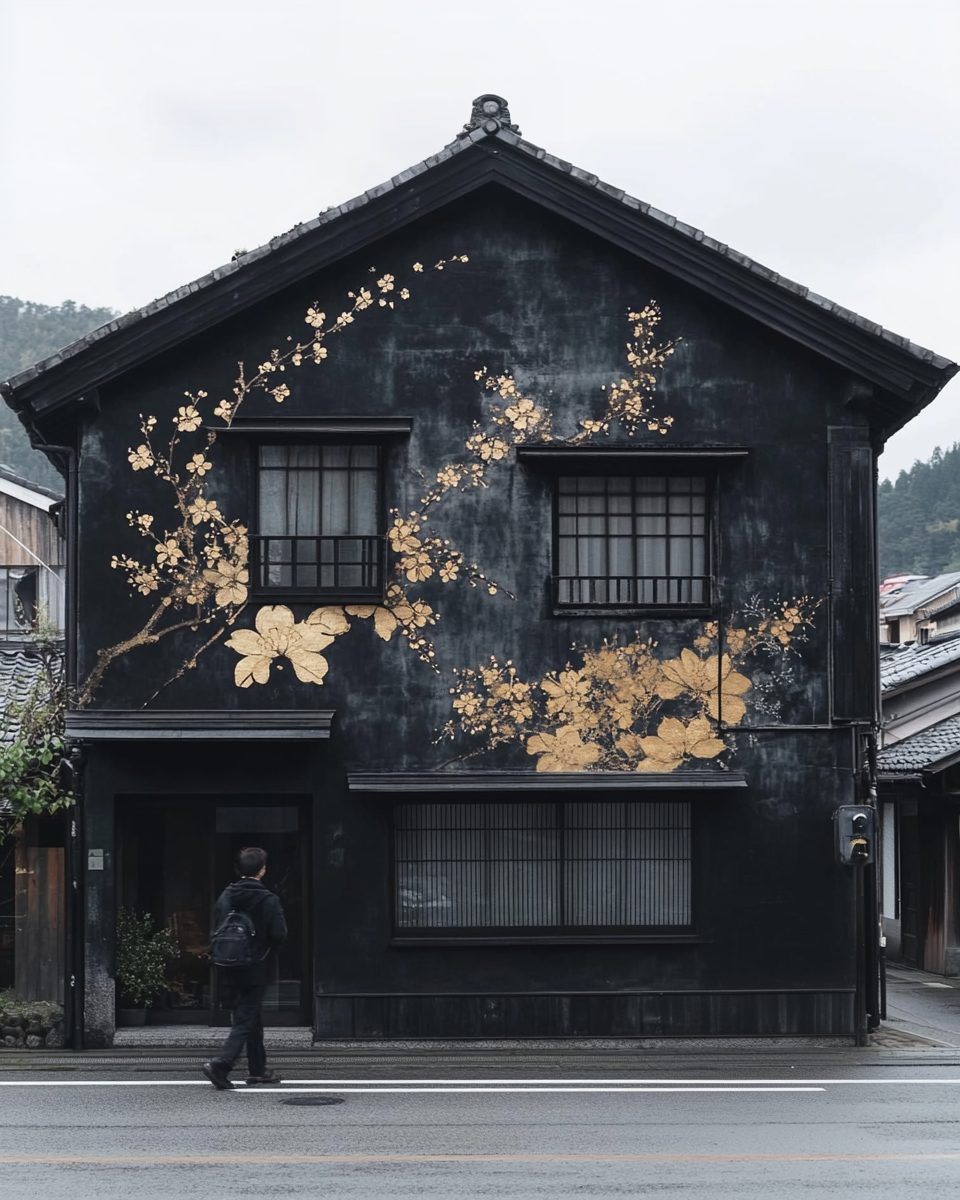 Buildings in Japan with Black Walls and Gold Artwork