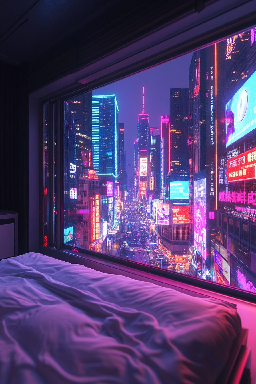 Cyberpunk Bedroom Interior with a Colorful Cityscape View