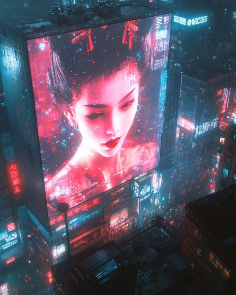Cyberpunk Urban Landscapes with Holographic Displays