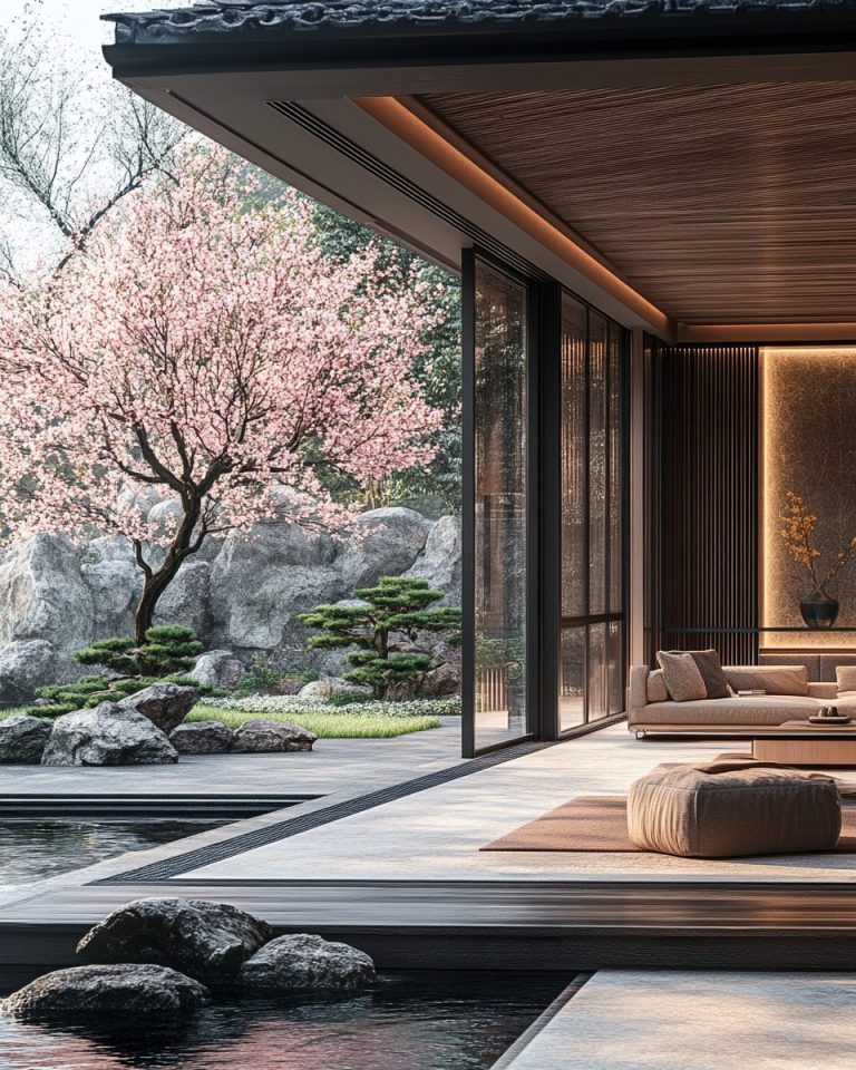 Modern Courtyard House with a Beautiful Cherry Blossom Tree